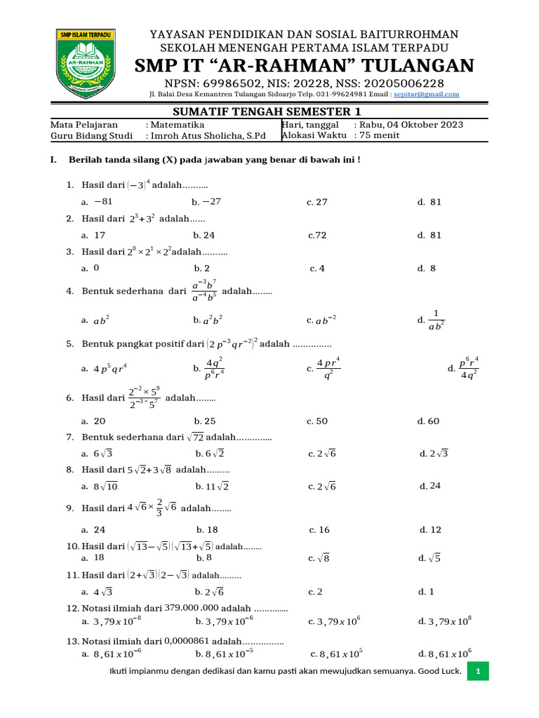Soal Sts 1 MTK 2023-2024 SMP | PDF