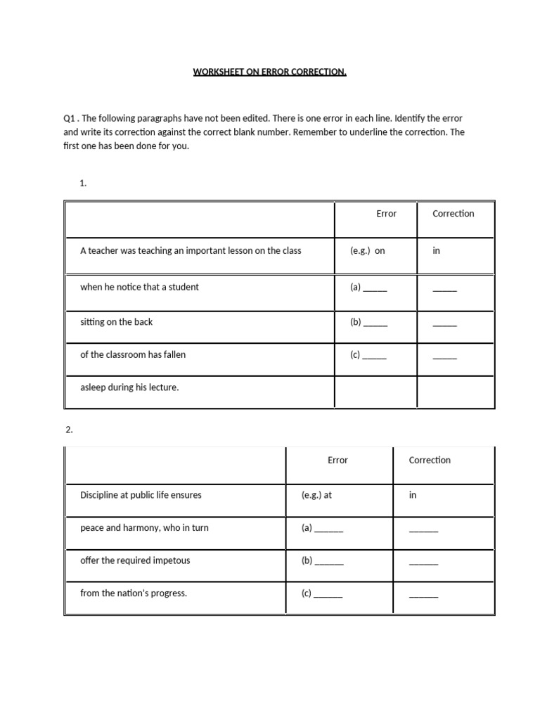 Worksheet On Error Correction | PDF