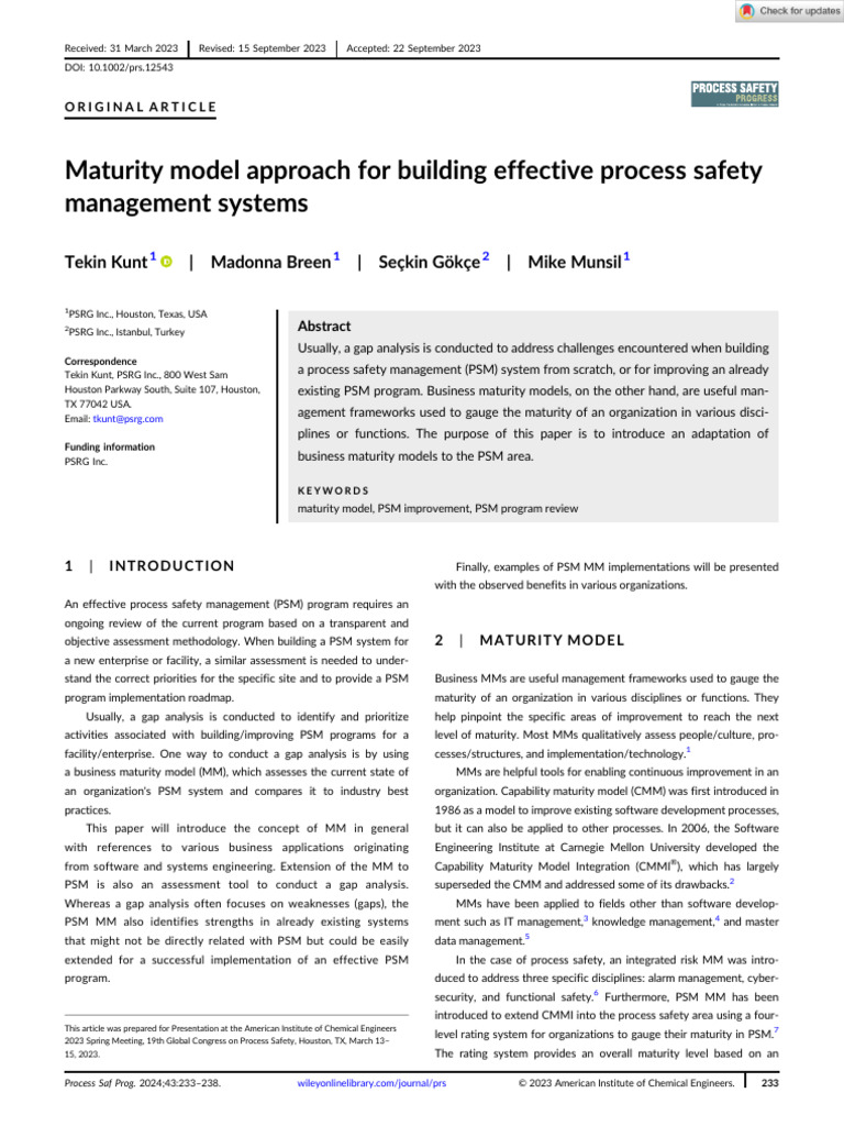 Process Safety Progress - 2023 - Kunt - Maturity Model Approach For ...
