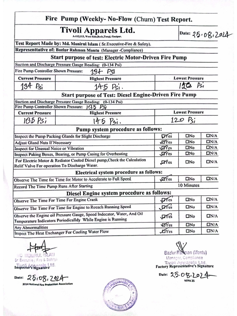 Weekly Fire Pump No Flow Churn Test Report | PDF