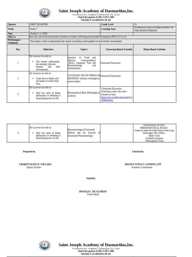 Philo - Weekly Learning Plan7 and 8 | PDF