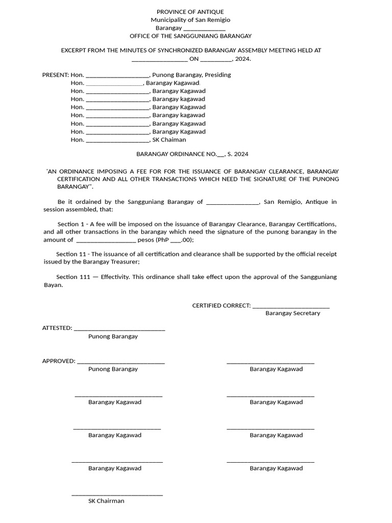 Template For Barangay Clearance Ordinance 0001 | PDF