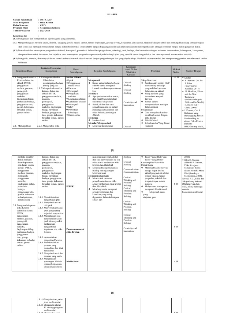 Silabus Etika Kristen Kelas 12 Semester Ganjil Tahun Pelajaran 2023 2024 | PDF