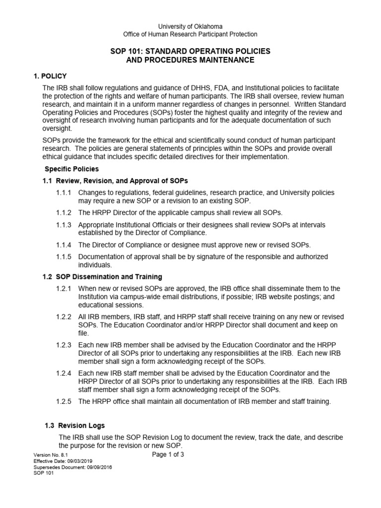 Sop 101: Standard Operating Policies and Procedures Maintenance | PDF