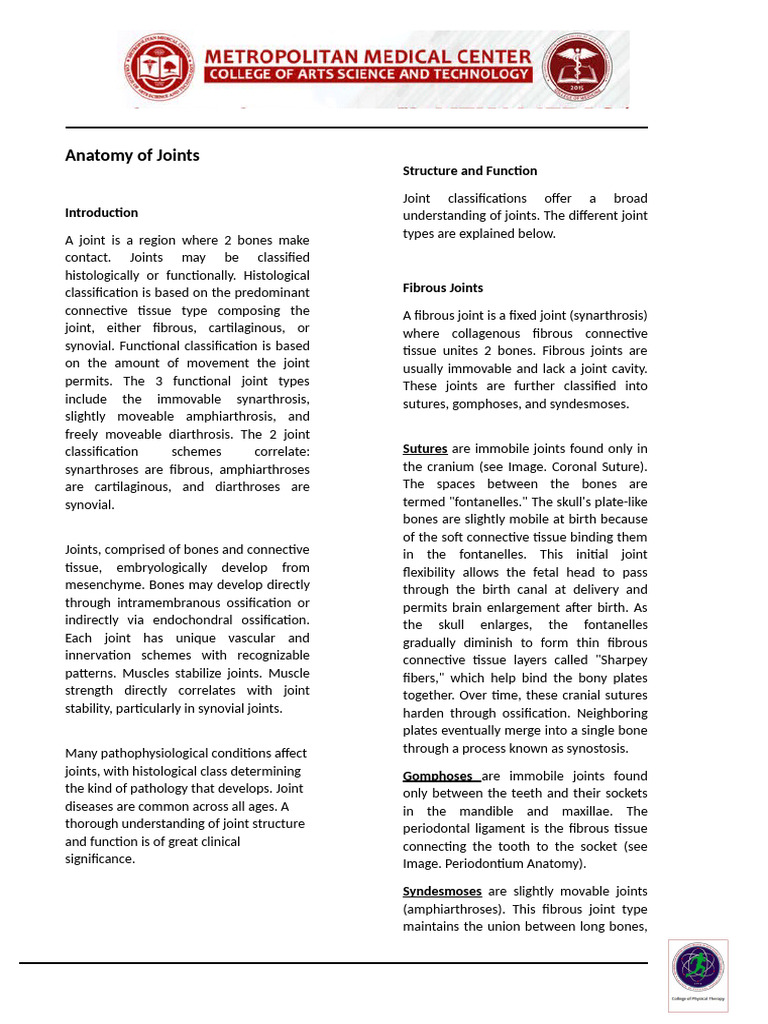 Anatomy of Joints | PDF | Hand | Cartilage