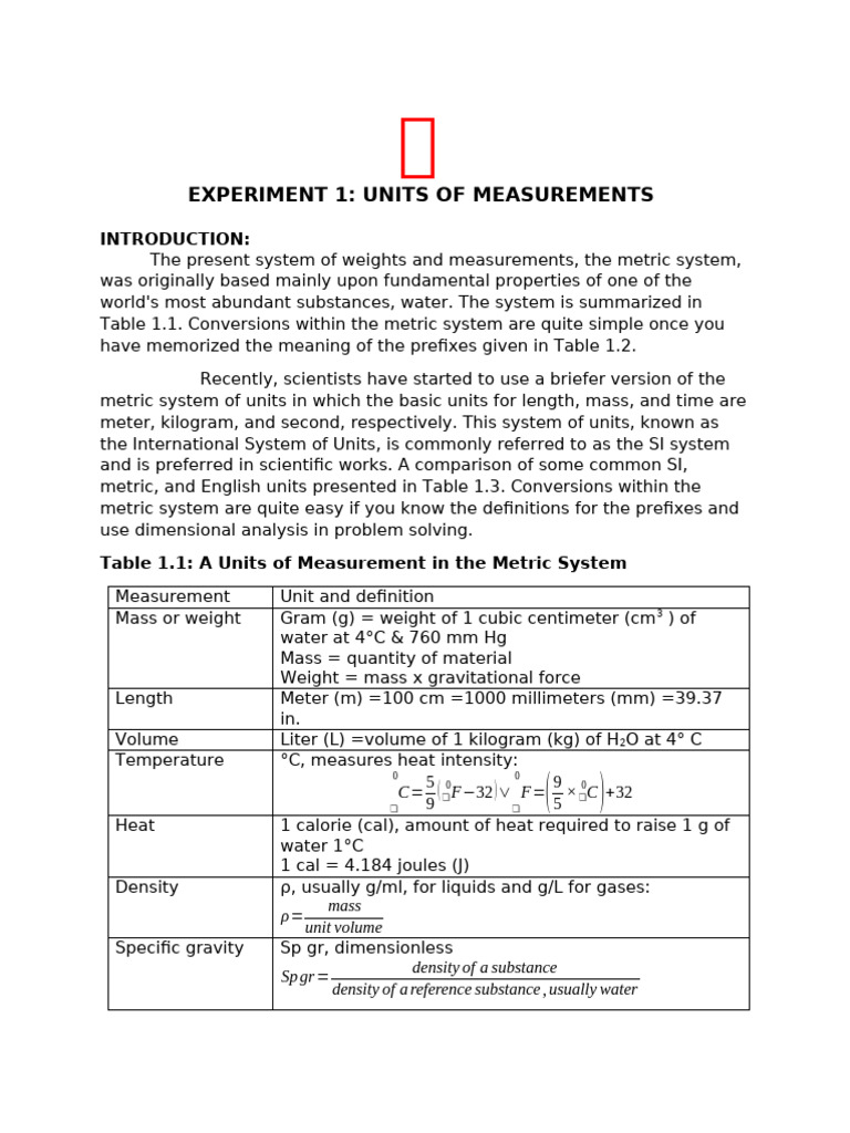 Experiment 1 Units of Measurement | PDF