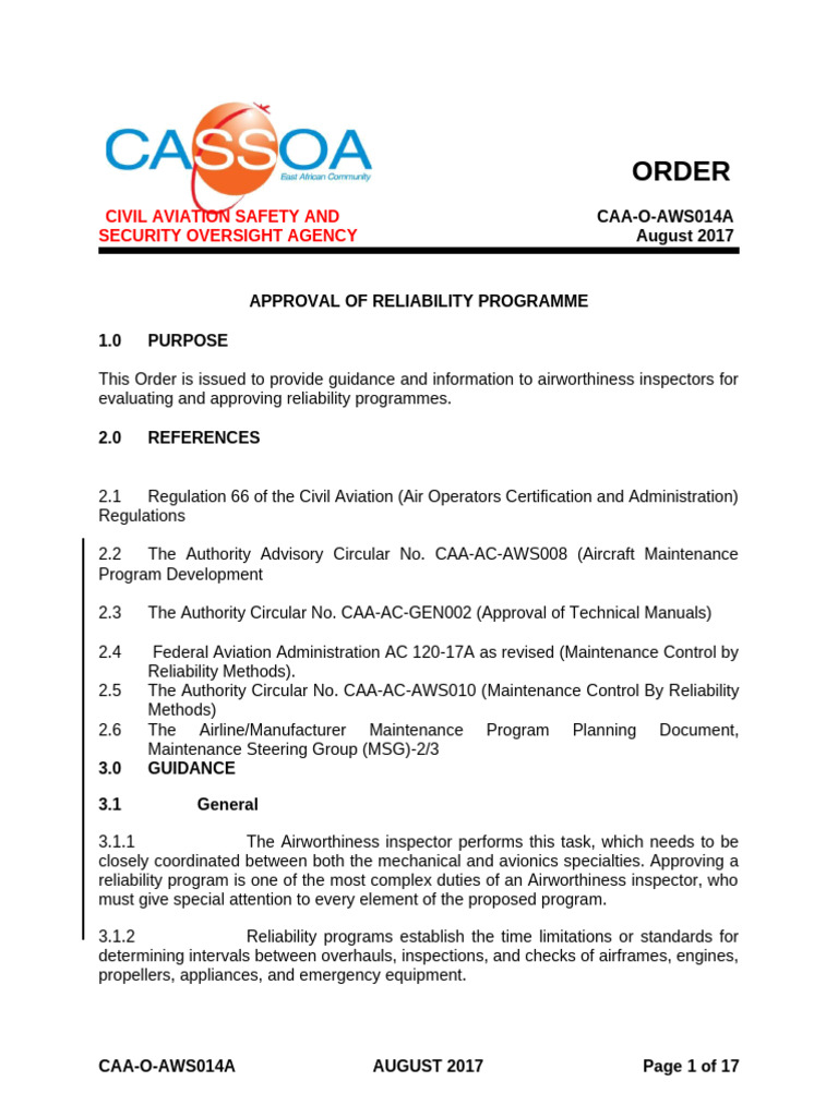 CAA-O-AWS014A Approval of Reliability Programme | PDF | Reliability ...