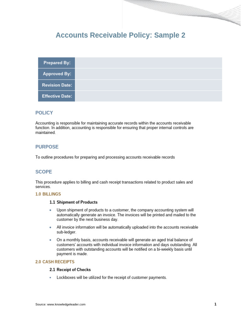 Accounts Receivable Policy Sample 2 | PDF