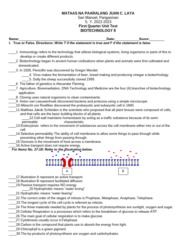 BIOTECH 1st Quarter Unit Test. 22-23 | PDF