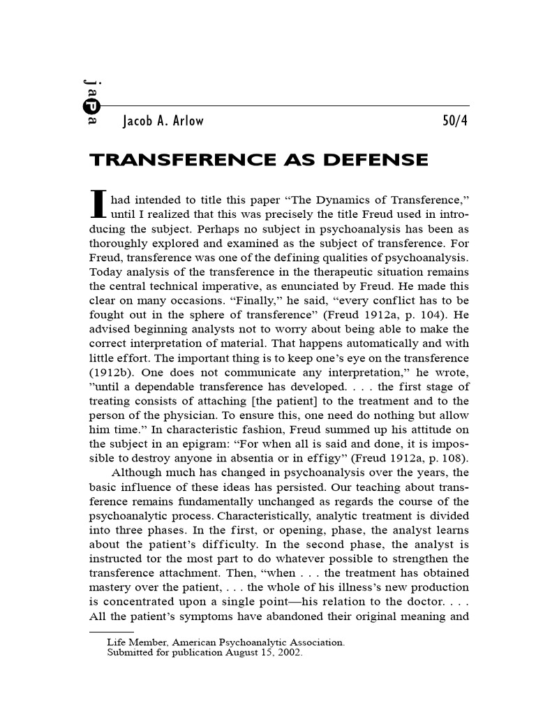 Arlow 2002 Transference As Defense | PDF | Psychoanalysis | Sigmund Freud