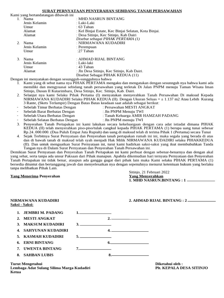 Surat Pernyataan Penyerahan Sebidang Tanah Persawahan | PDF