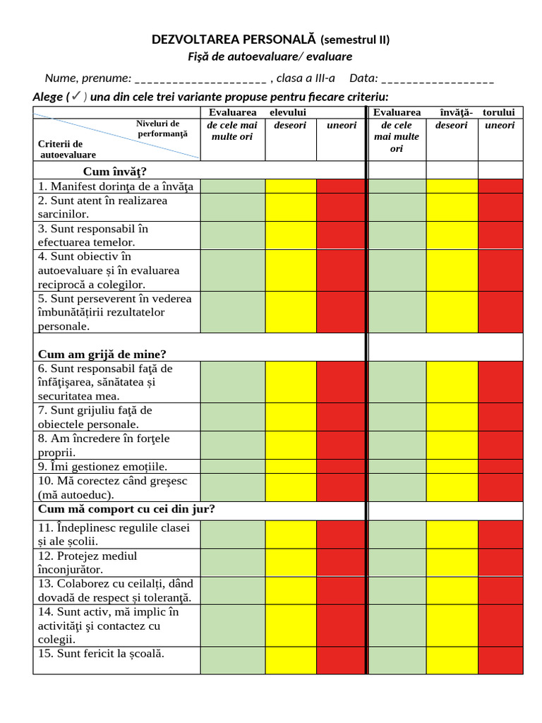 Autoevaluare DEZVOLTAREA PERSONALĂ Final, CL 3 | PDF
