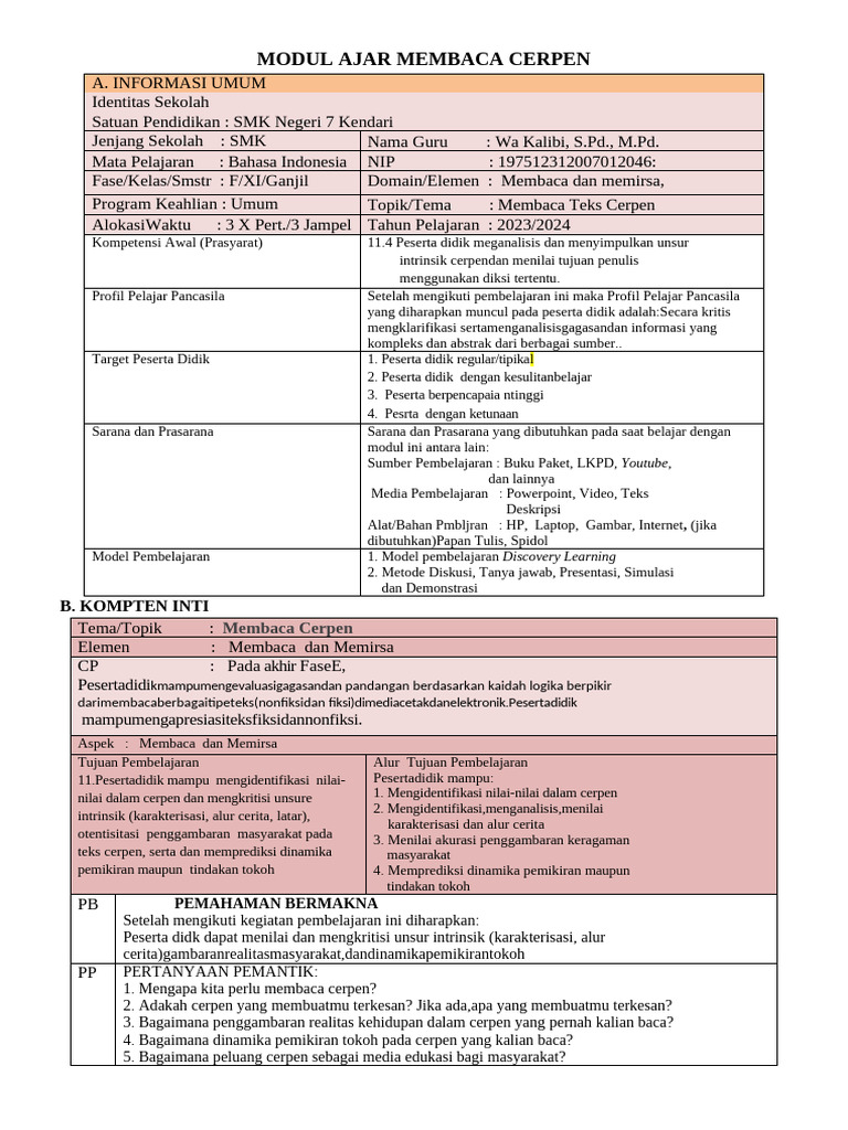 Modul Ajar Membaca Cerpen Perbaikan | PDF