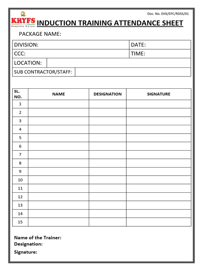 Induction Training Attendance Sheet | PDF