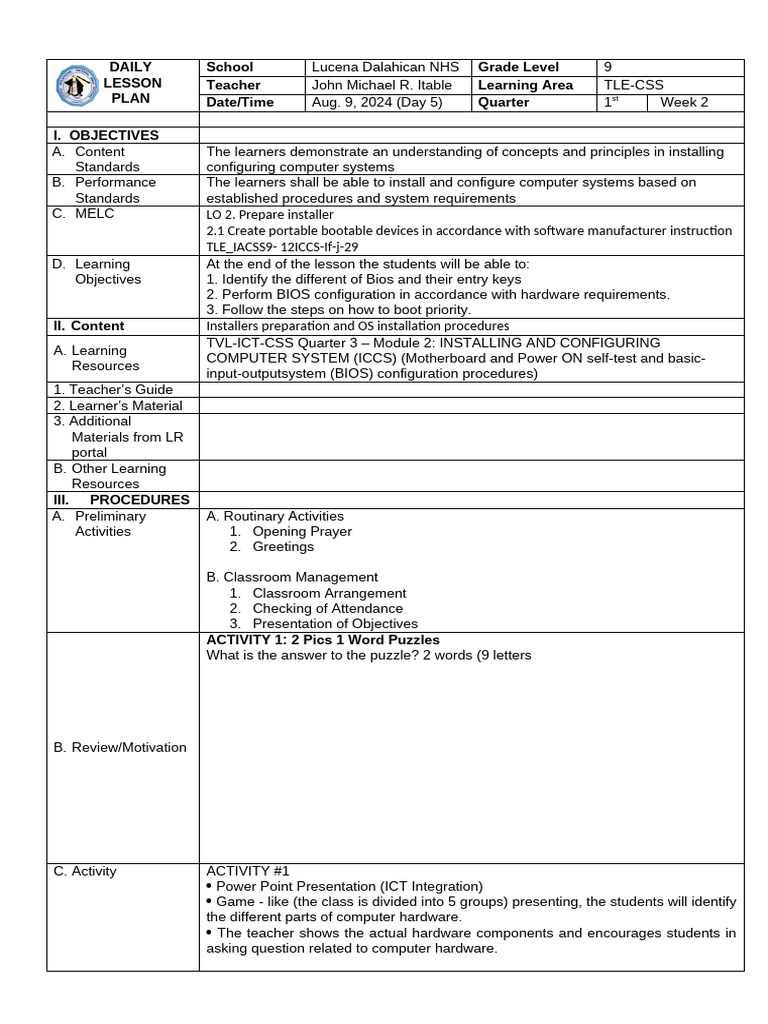 DLP-TLE-CSS9-August 12 Week 3 Day 1 | PDF