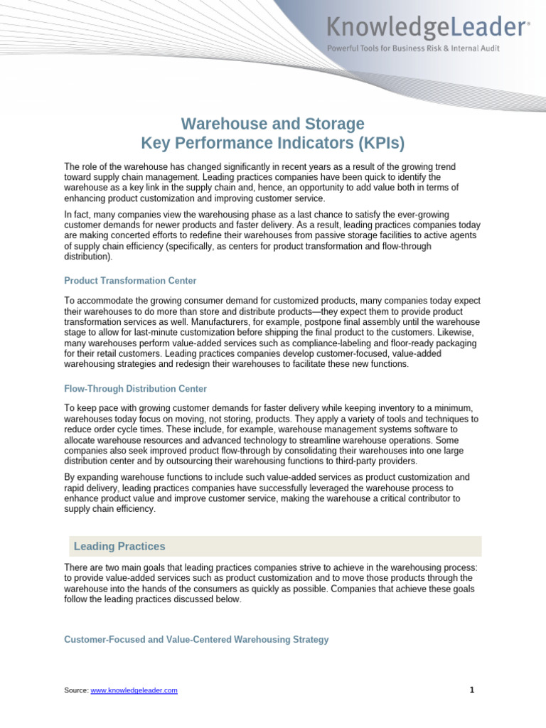 Warehouse and Storage KPIs | PDF