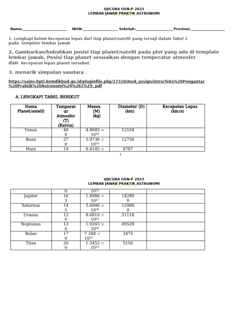 Template Lembar Jawab Astronomi | PDF
