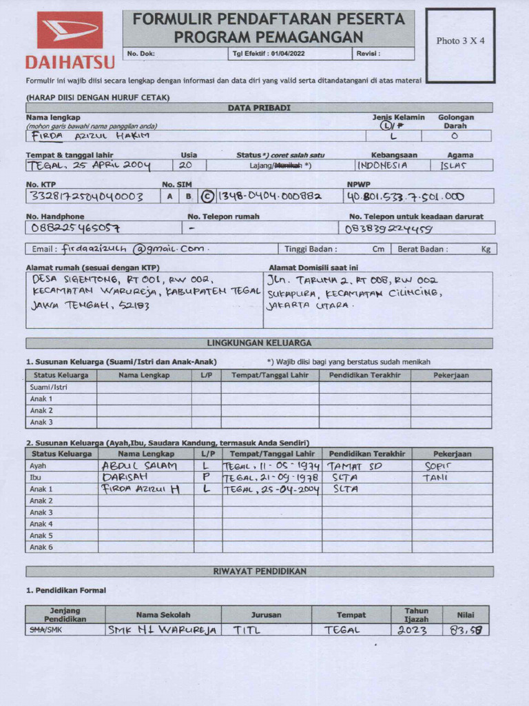 Formulir Pemagangan | PDF