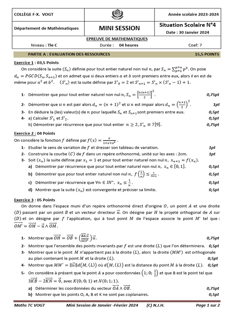 Maths TC VOGT - Mini Session (Janv-Fev 2024) | PDF