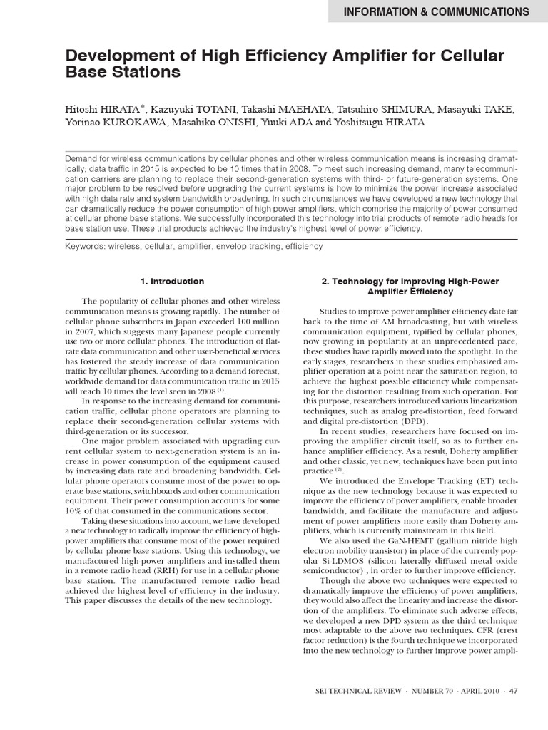 Development of High Efficiency Amplifier For Cellular Base Stations | PDF