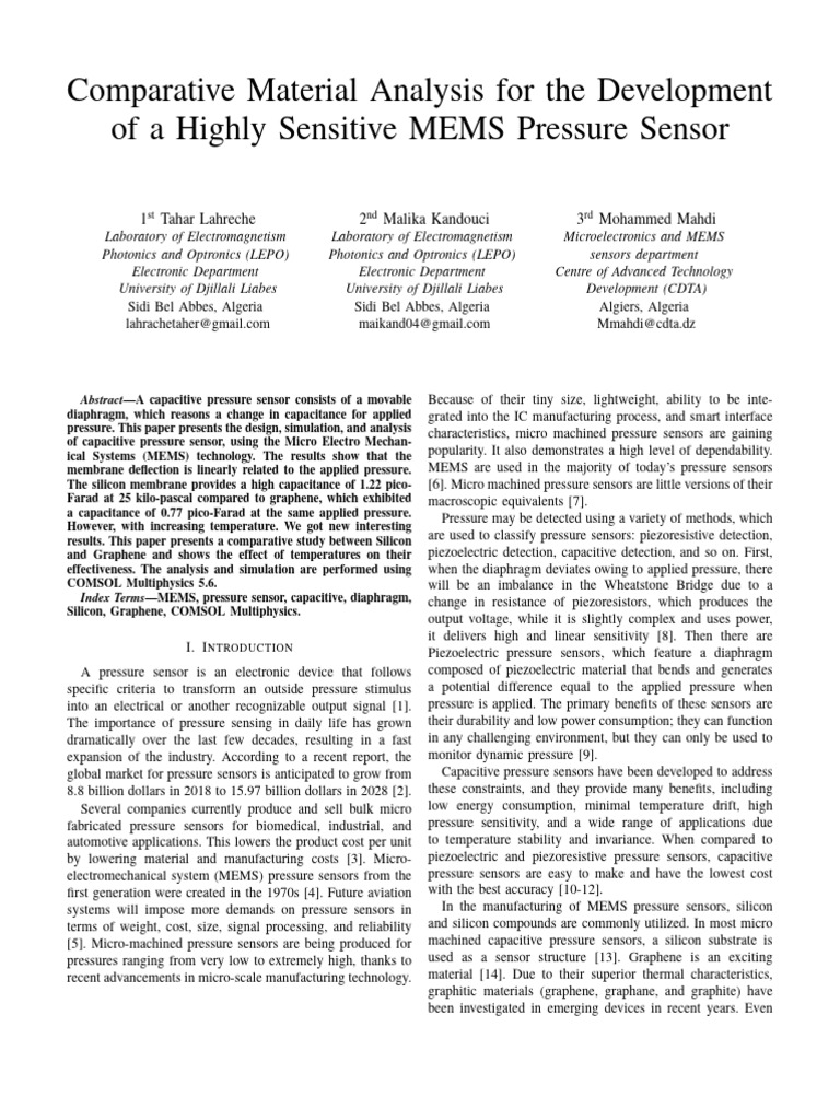 Comparative Material Analysis For The Development of A Highly Sensitive MEMS Pressure Sensor | PDF
