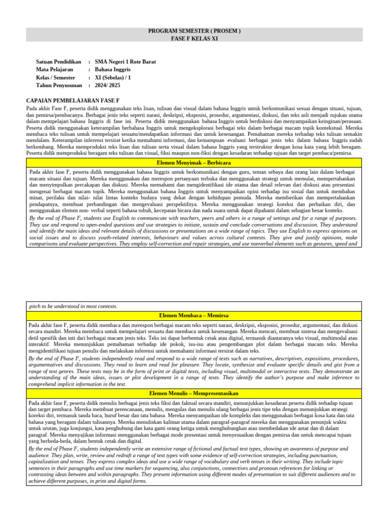 Prosem Kelas 11 SMA Bahasa Inggris Fase F | PDF | Seni & Disiplin Bahasa | Kajian Bahasa Asing