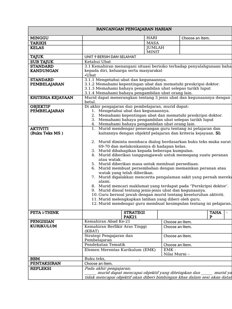 RPH PK TAHUN 1 | PDF