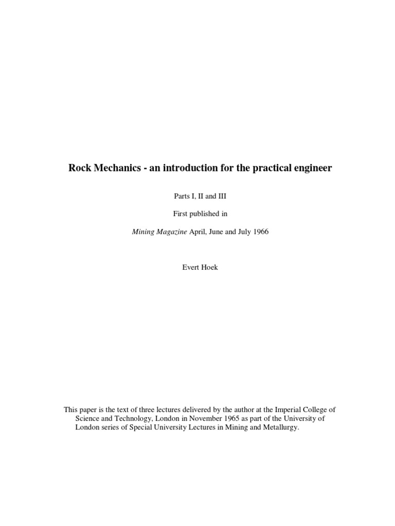 Rock Mechanics - An Introduction For The Practical Engineer: Mining ...