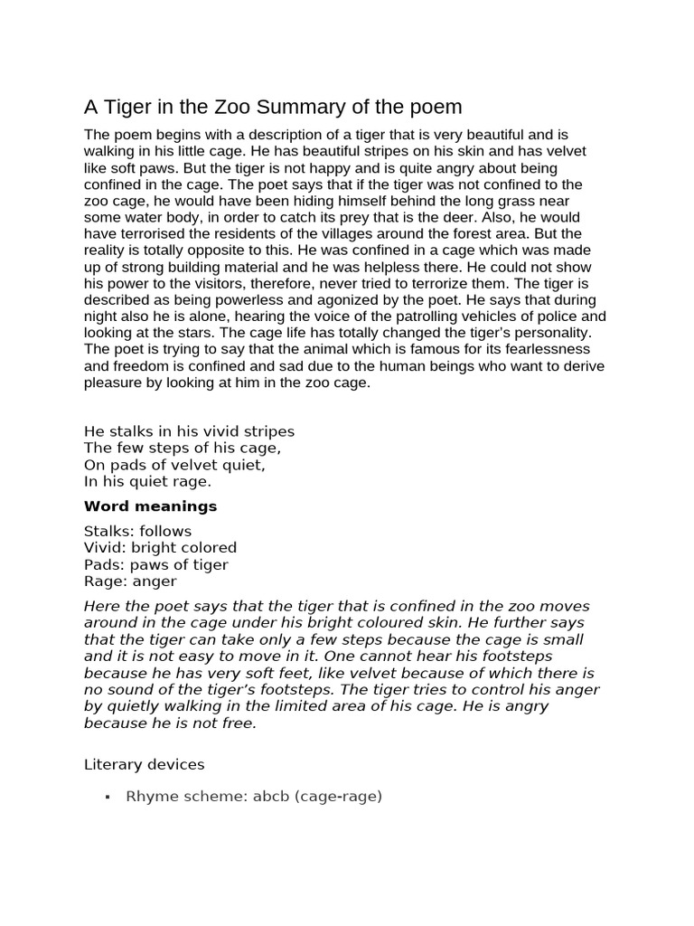 A Tiger in The Zoo Summary of The Poem | PDF