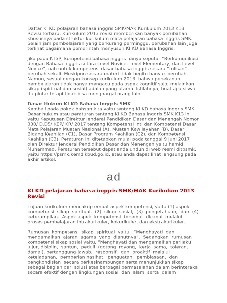 Daftar KI KD Pelajaran Bahasa Inggris SMK | PDF