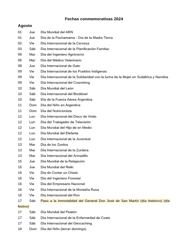 Fechas conmemorativas 2024 | PDF