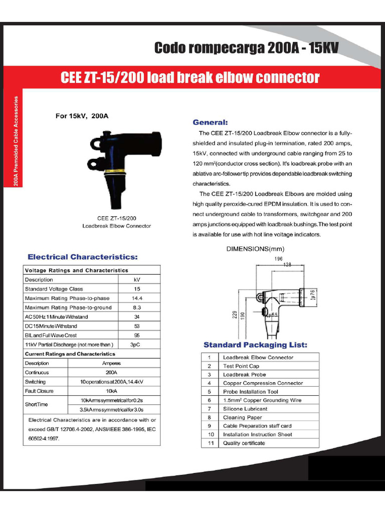 FICHA TECNICA Codo rompecarga 200A - 15KV-CEE ZT.. | PDF