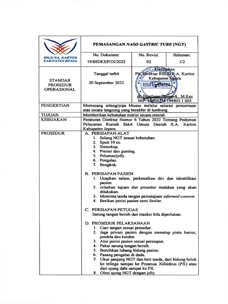SPO 19 BIDKEP IX 2022 Tahun 2022 PEMASANGAN NASO GASTRIC TUBE (NGT) | PDF