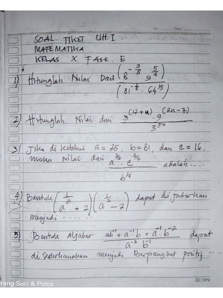Soal Tiket Uh. 1 - Mat. X.F.E | PDF