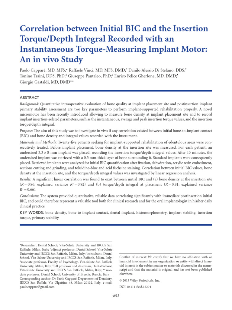 Correlation Between Initial BIC and The Insertion Torque - Depth ...