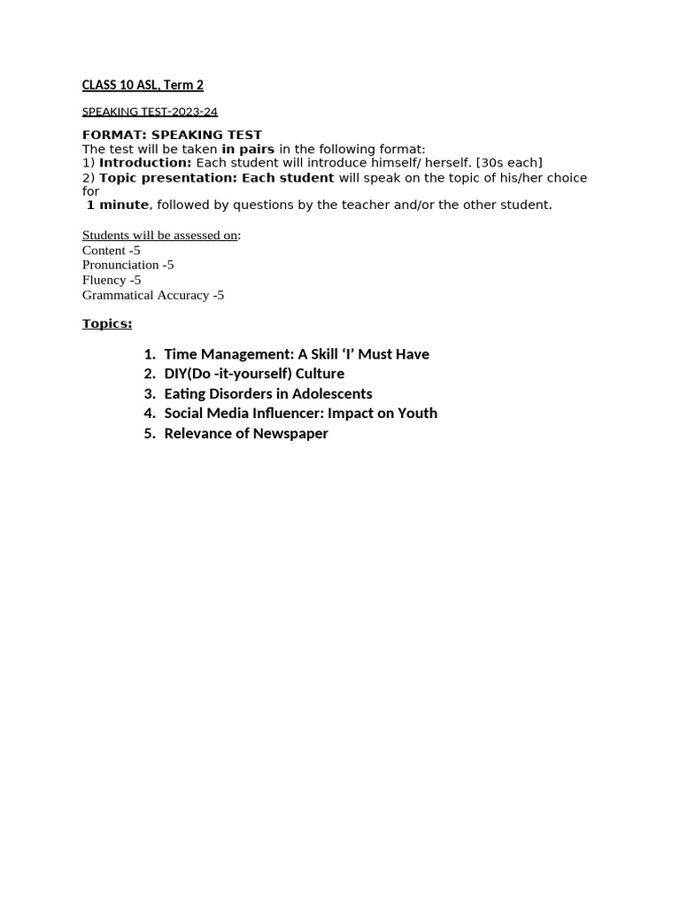 CLASS 10, ASL (Speaking Test) Topics, 2023-24 | PDF