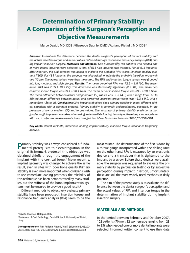 Determination of Primary Stability - A Comparison of The Surgeon's Perception and Objective ...