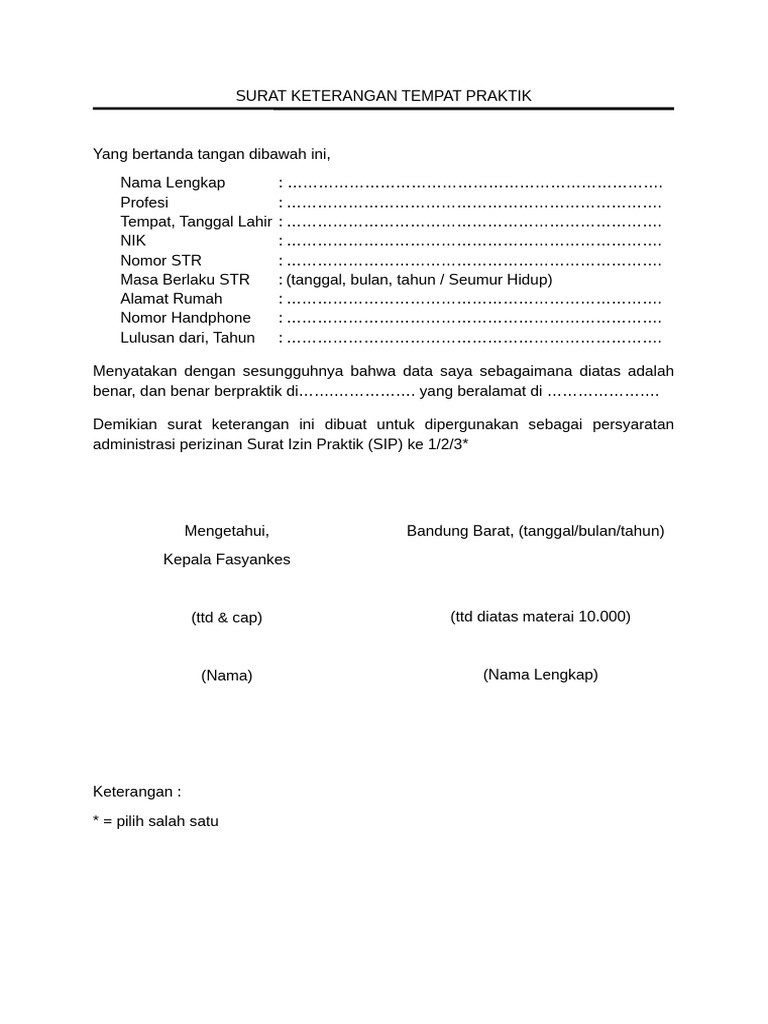 Surat Keterangan Tempat Praktik Format MPP | PDF