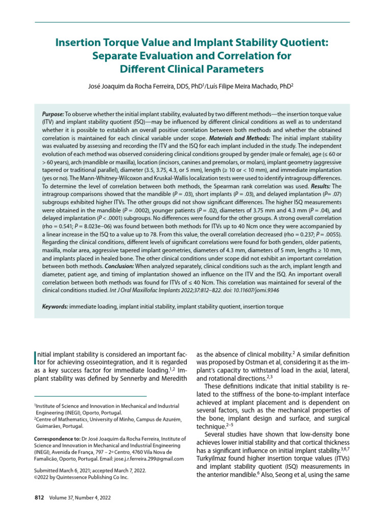 Insertion Torque Value and Implant Stability Quotient: Separate ...