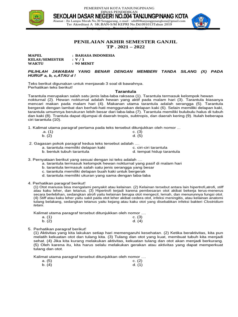 SOAL kls 5 BAHASA INDONESIA semtr 1 | PDF
