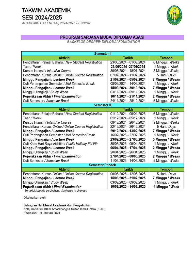 Takwim Akademik Sesi 2024 2025 Program Sarjana Muda Diploma Asasi | PDF