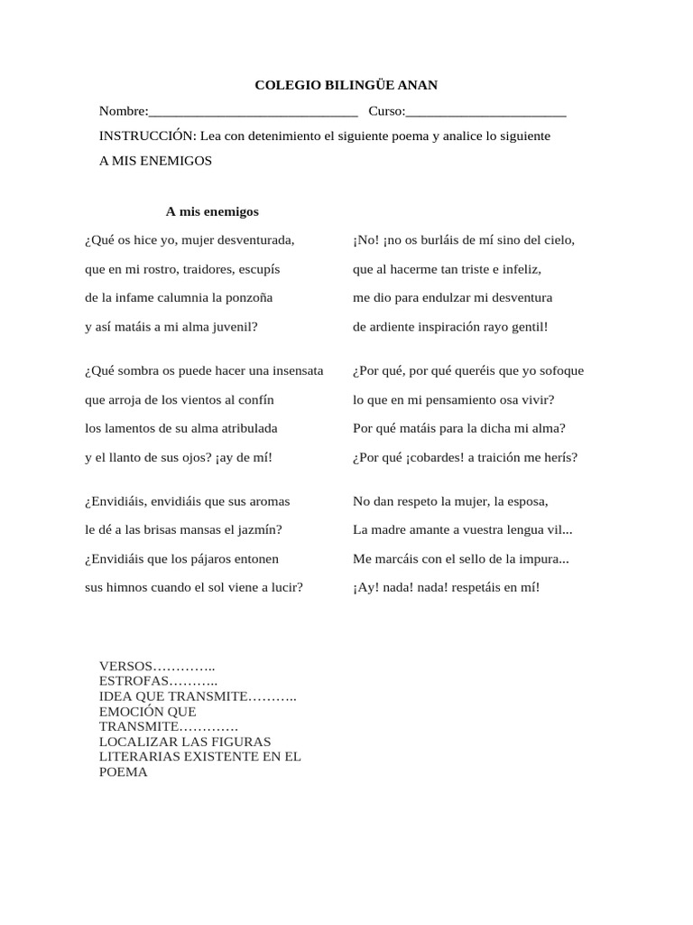 Spanish Poetry Analysis Worksheet | PDF