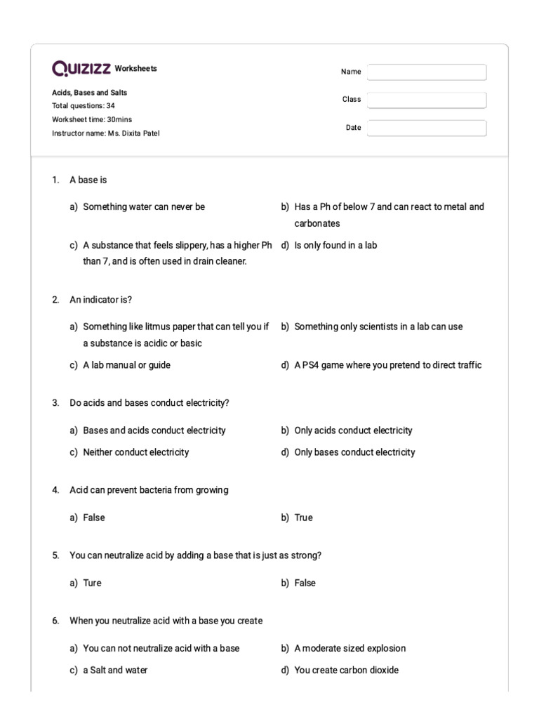Practice Questions For Acids, Bases and Salts | PDF