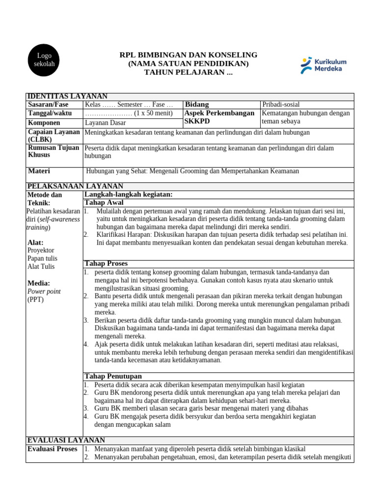 RPL Bimbingan Klasikal - Grooming Dalam Hubungan | PDF