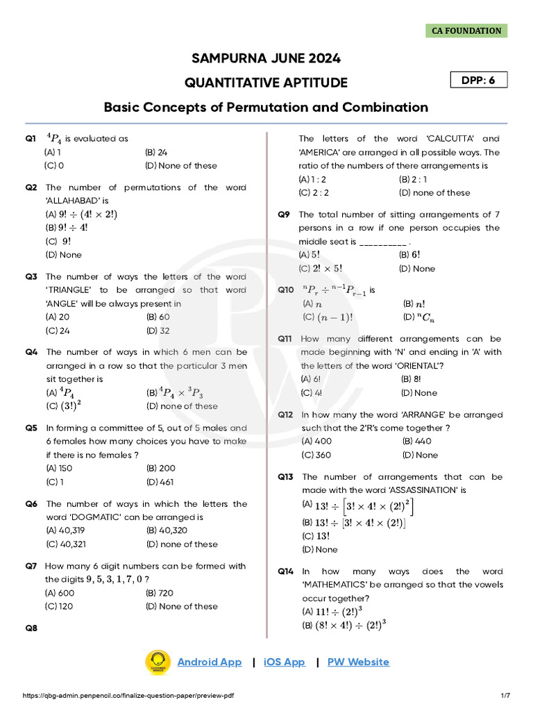 Basic Concepts of Permutation and Combination Questions CA Foundation | PDF