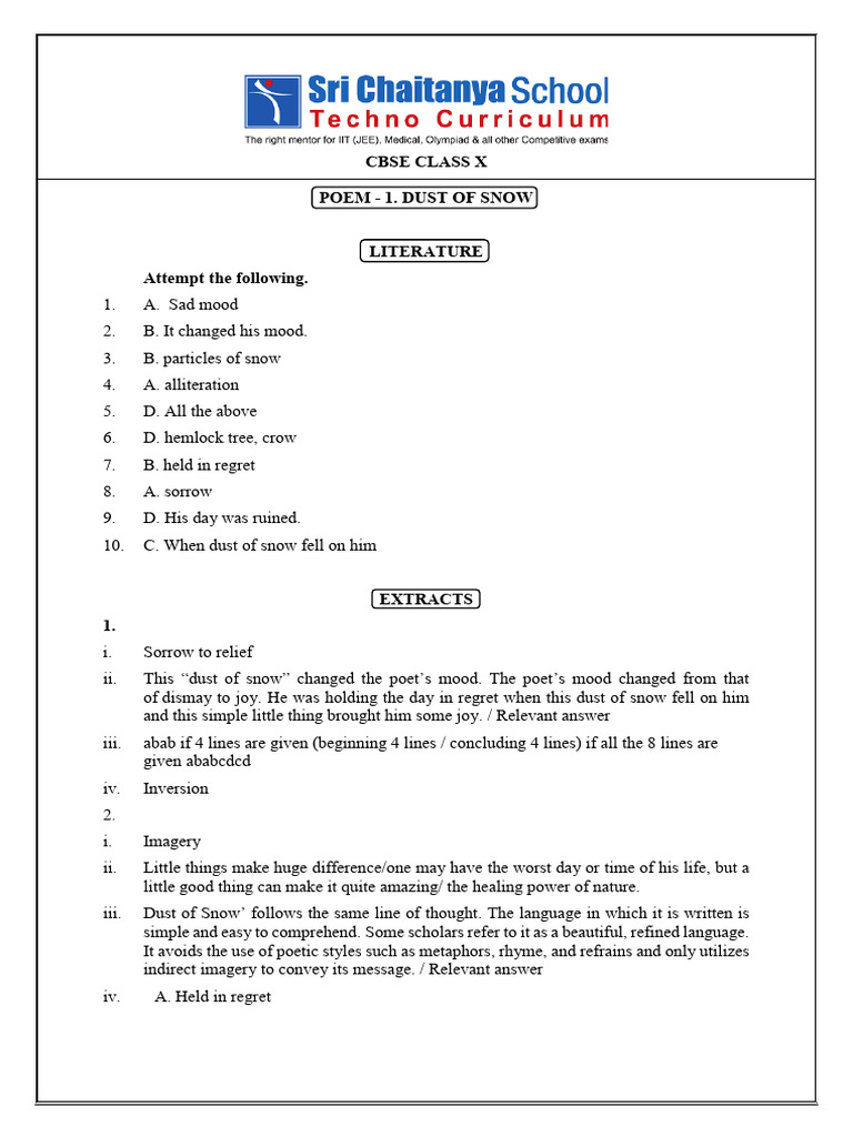 CBSE Class X English Study Material Poem KEY | PDF