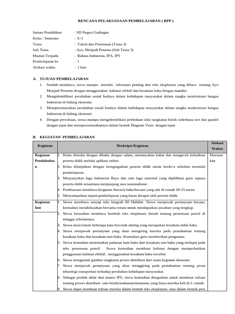 RPP Daring Kelas 6 Tema 3 ST 3 | PDF