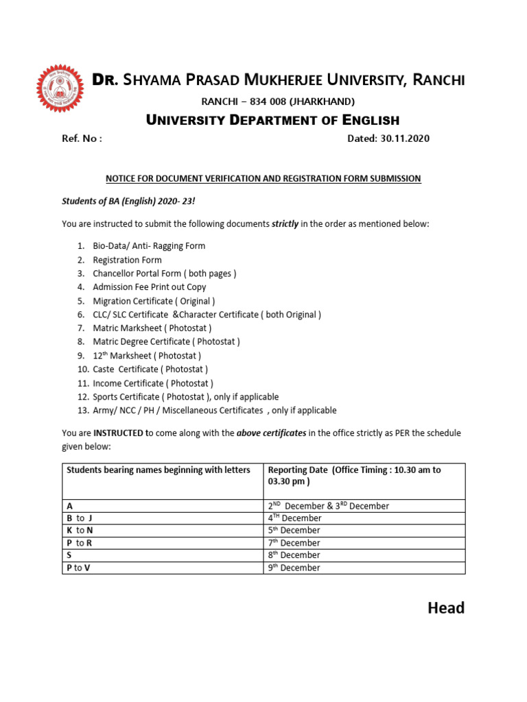 NOTICE FOR DOCUMENT VERIFICATION AND REGISTRATION FORM SUBMISSION-1 ...