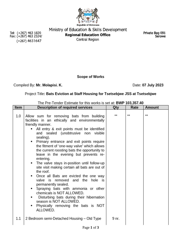 Bats Eviction Scope of Works (Updated 07-July-2023) TSETSEBJWE (WITHOUT ...