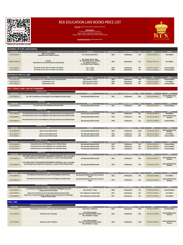 Rex Education REX Book Store Law Books Pricelist 05.14.2024 2 | PDF